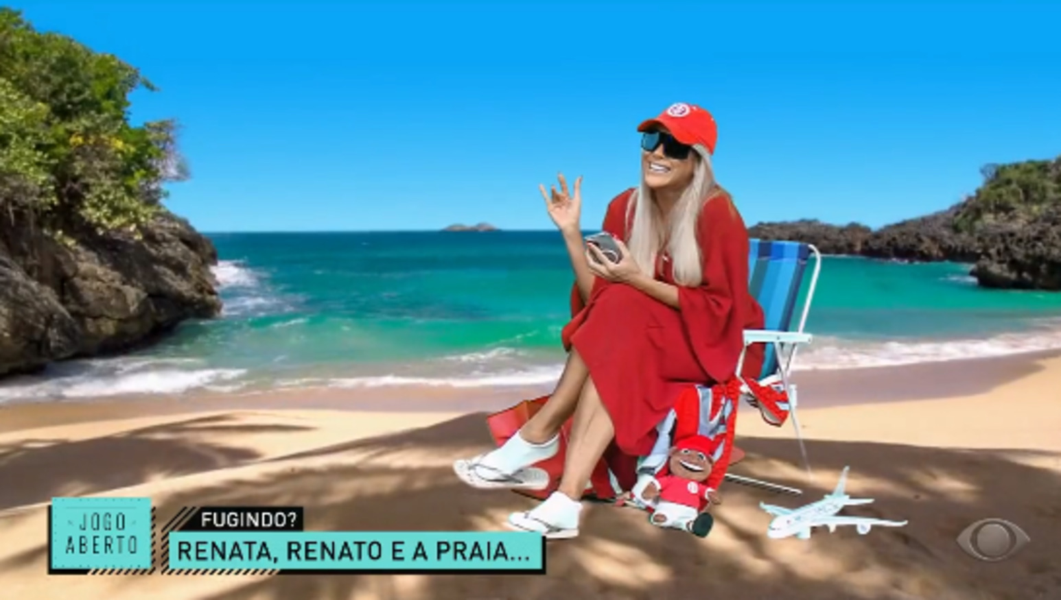 Renata Fan simula praia no estúdio da Band e provoca Renato: "Fujão"